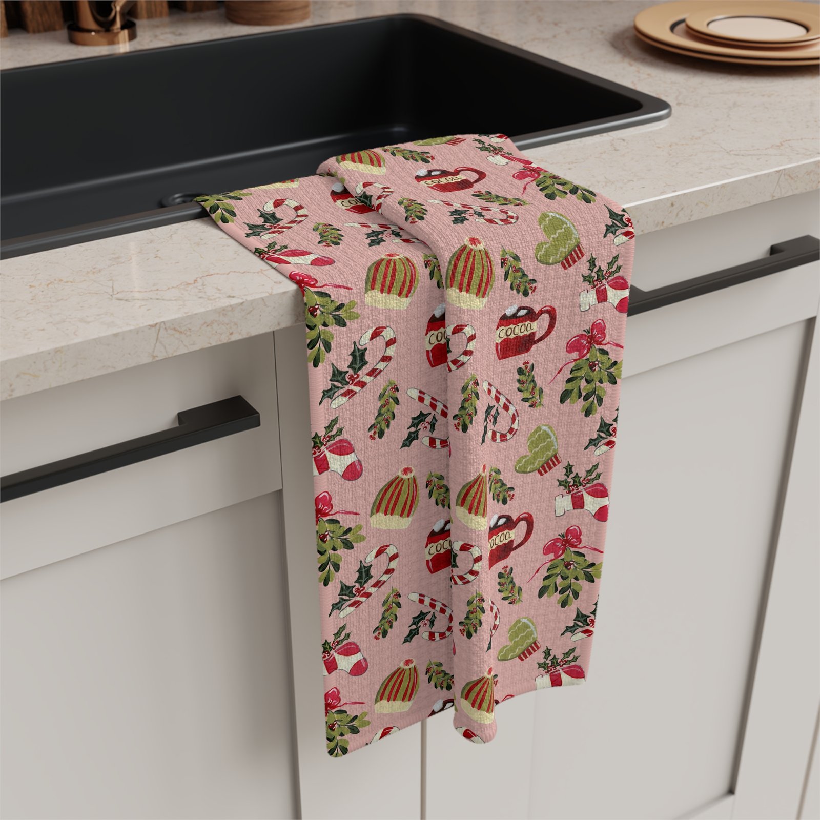 Kitchen Towel Christmas Hot Cocoa Hat and Mittens Mistletoe Stockings ...